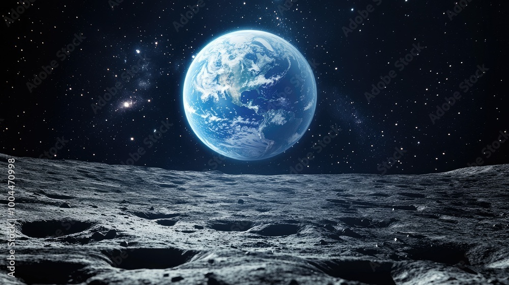 Earth as viewed from the Moons surface, with lunar craters in the ...