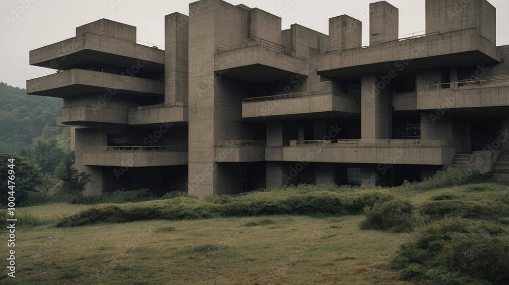Abandoned brutalist structures with strong, concrete walls and pillars ...