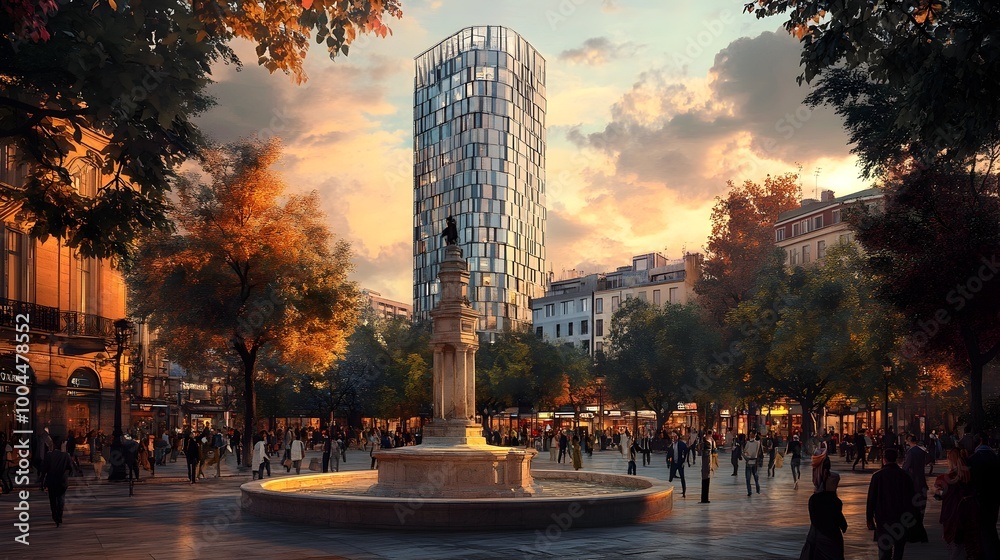 Vibrant and cinematic city square scene with a historic stone fountain ...