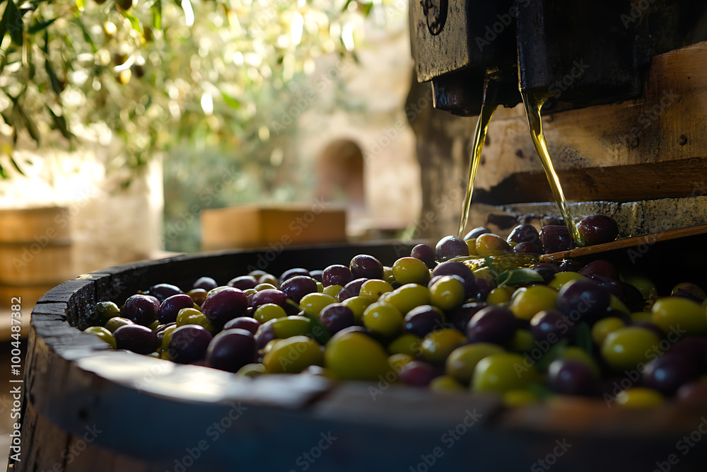 Fresh olives and olive oil with an oil press showcasing the traditional ...