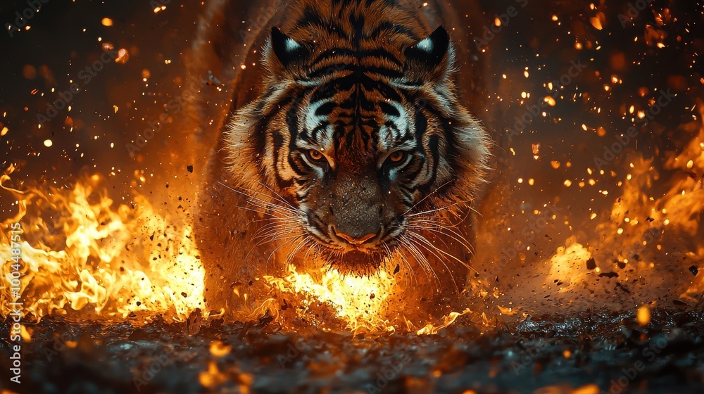 A fierce tiger emerges from blazing flames in a dramatic display of ...