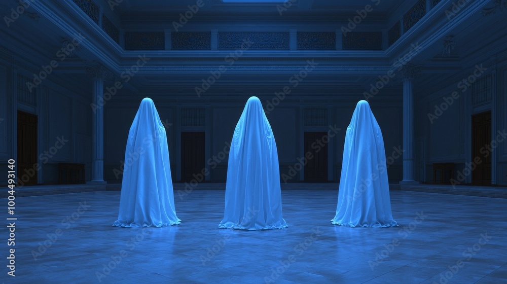 Three ghostly figures stand silently in a grand, dimly lit hall. The blue lighting and classic ...
