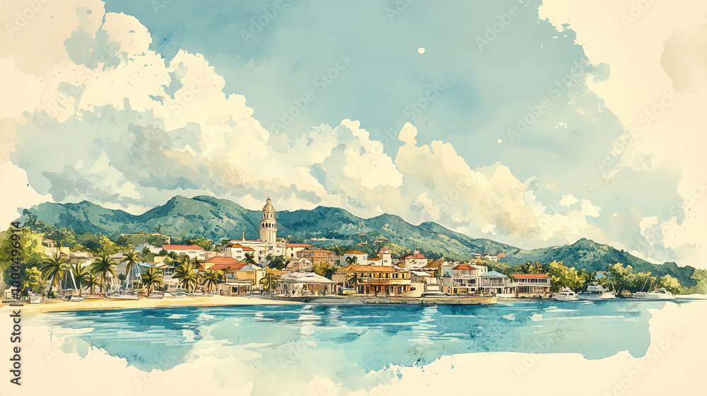Marigot, Saint Martin, color pen pencil hand-drawn effect drawing ...
