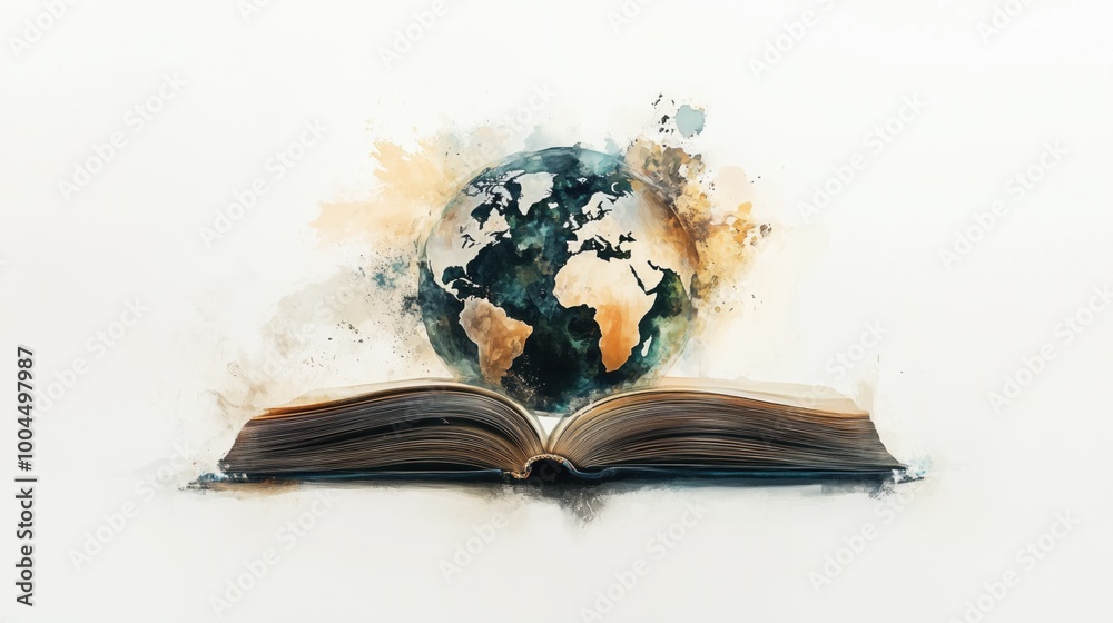 Illustrated open book with a world emerging from pages on white ...