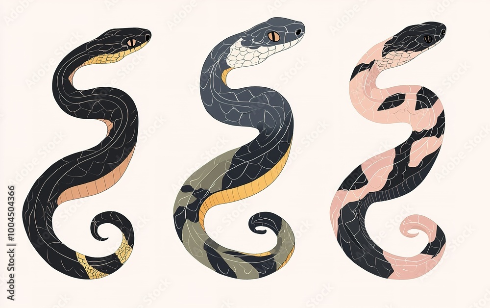 Artistic representation of three distinct snakes showcasing vibrant ...
