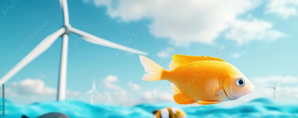 Diverse species of fish swimming near a wind farm, showcasing renewable ...