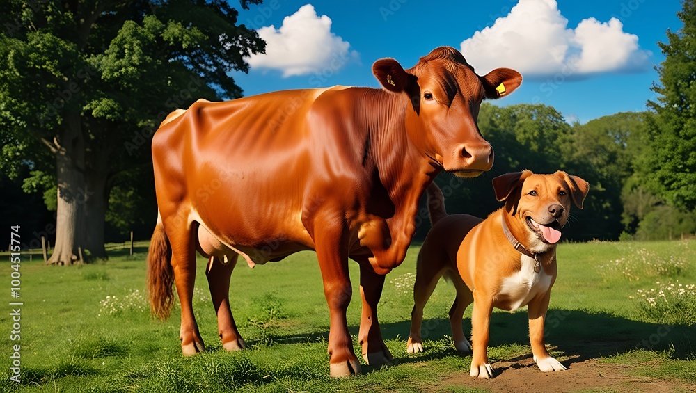 Cow with a Farm Dog in a Pasture captures the heartwarming bond between ...