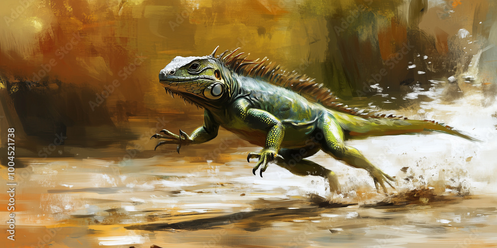 Iguana running bipedally across the ground on hind legs, animal ...