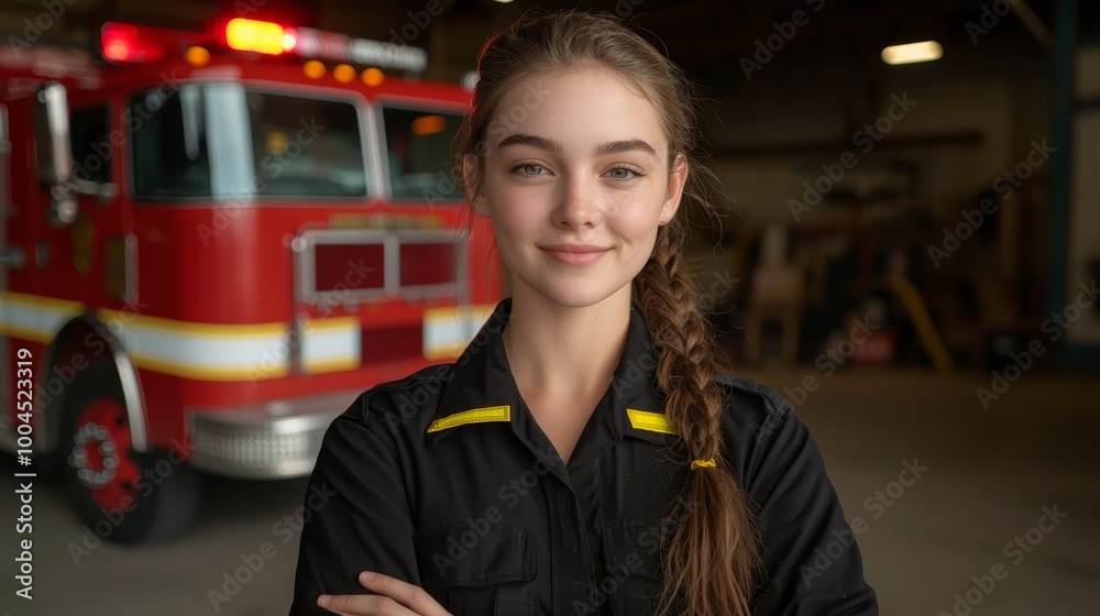 Professional Female Firefighter in Front of Blurred Firetruck at Fire ...