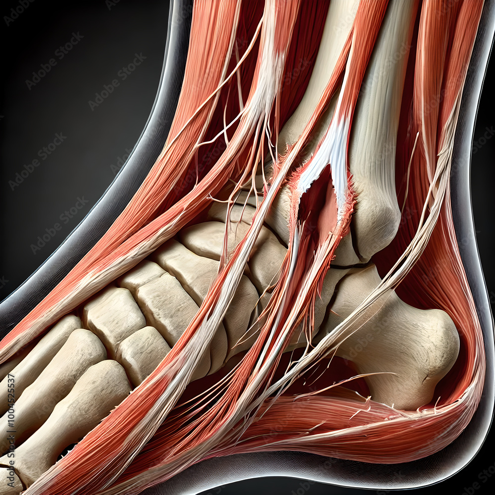 3D illustrating ruptured Achilles tendon, point of tear between the ...