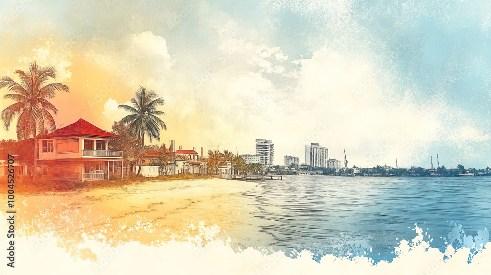 Paramaribo, Suriname, color pen pencil hand-drawn effect drawing ...