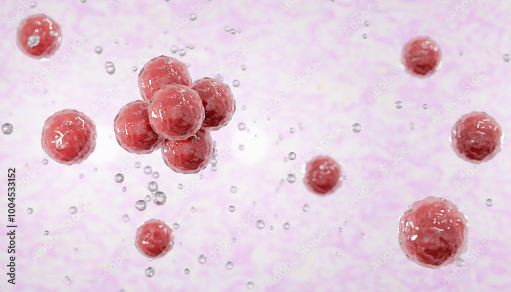 A cluster of spherical cells, seemingly floating in a fluid, surrounded ...