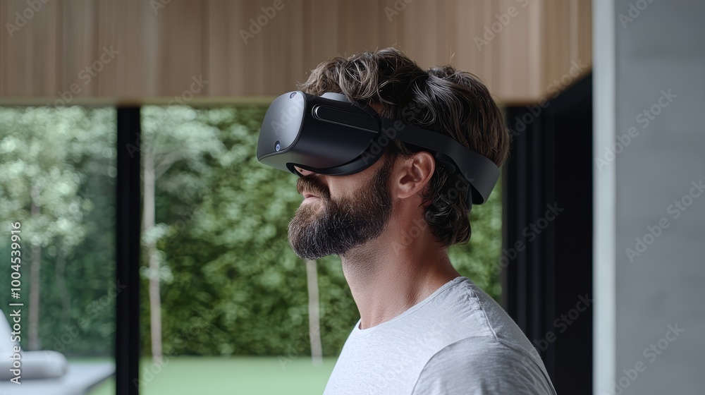 A VR headset user walks through a modern house design, examining every ...