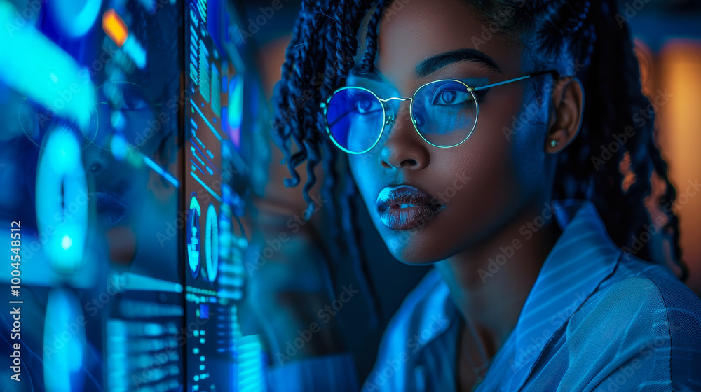 Black Female Cyber Security Analyst Monitoring AI Cyberspace Threats in ...