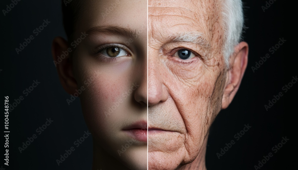 A split-view portrait where one half is young and symmetrical, and the ...