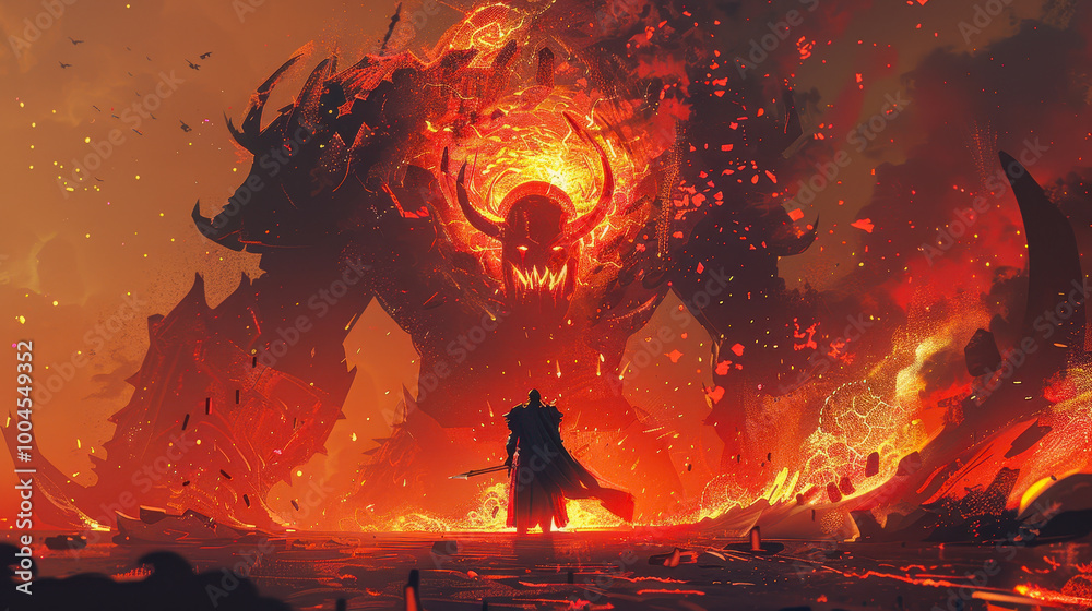 Epic Fantasy Showdown: Knight Confronts Enormous Lava Demon in Fiery ...