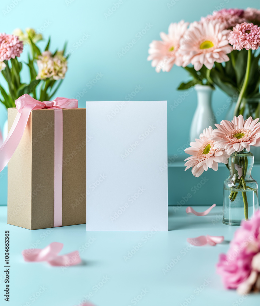 Bouquet and gift box with empty greeting card on table. AI generation ...