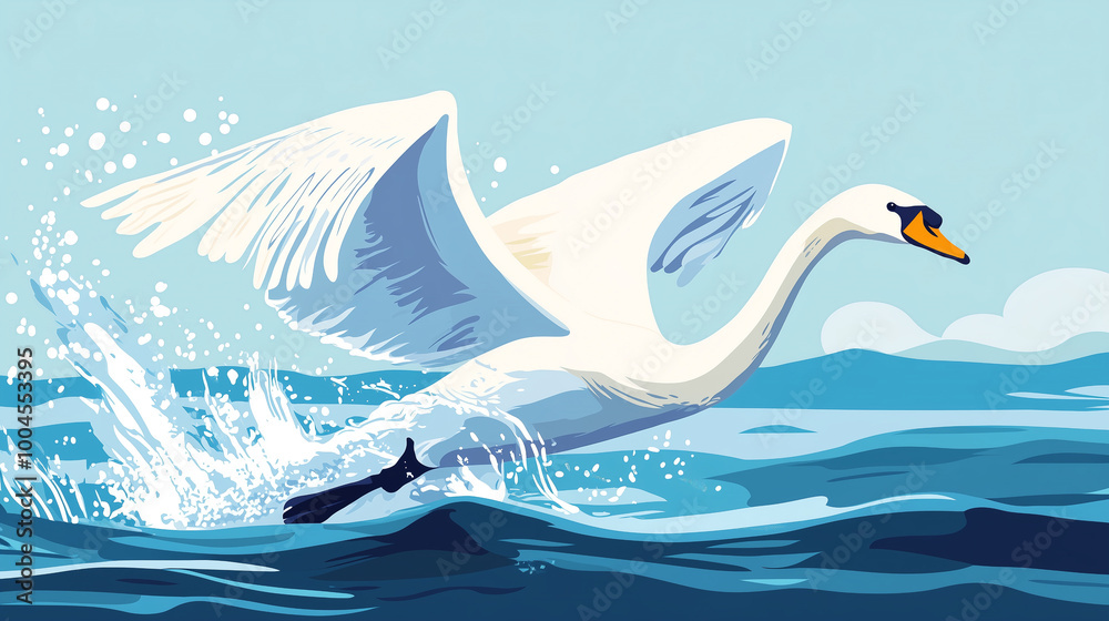 ภาพประกอบสต็อก Swan rises from the water, its feet pushing off the ...