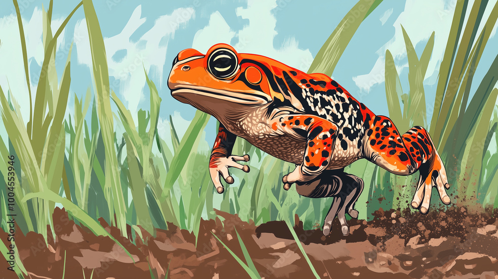 Toad hopping across a patch of dirt, front legs bent and back legs ...