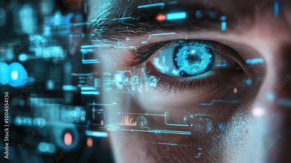 image features close up of human eye with futuristic graphical user ...