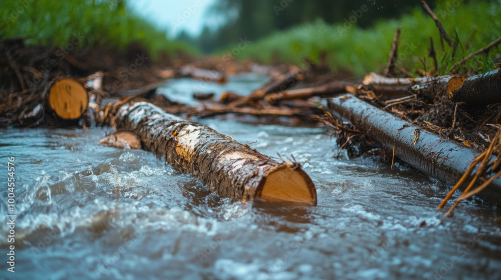 image depicts stream of water carrying logs and debris, showcasing ...