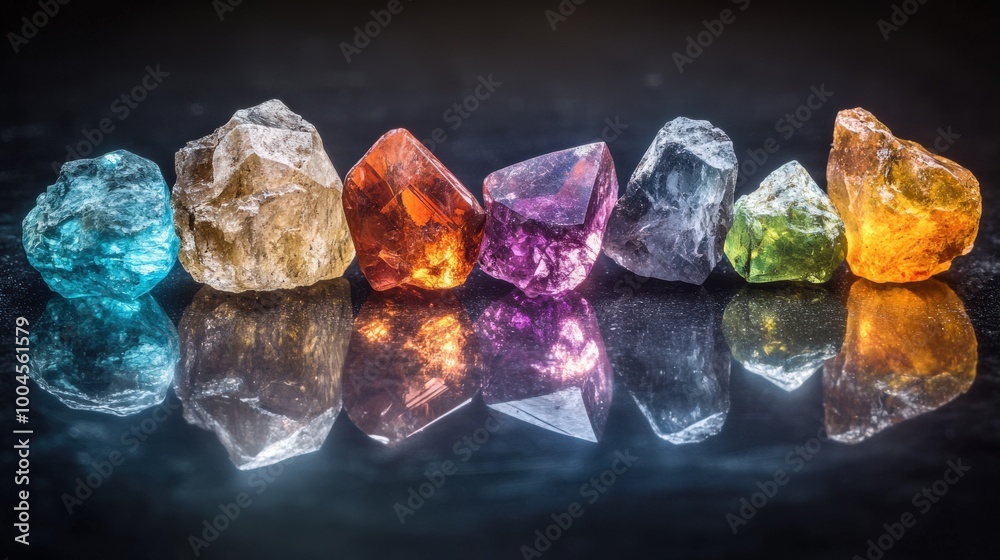 Various uncut gemstones in vibrant colors are scattered artfully on a ...