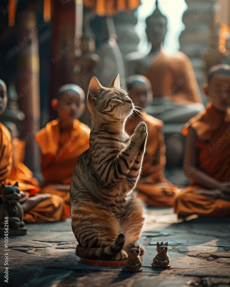 cat praying in old temple surrounded by monks creates serene atmosphere ...
