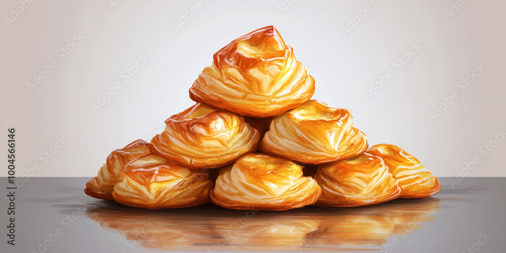 Stack of puff pastries arranged in a pyramid formation on a reflective ...