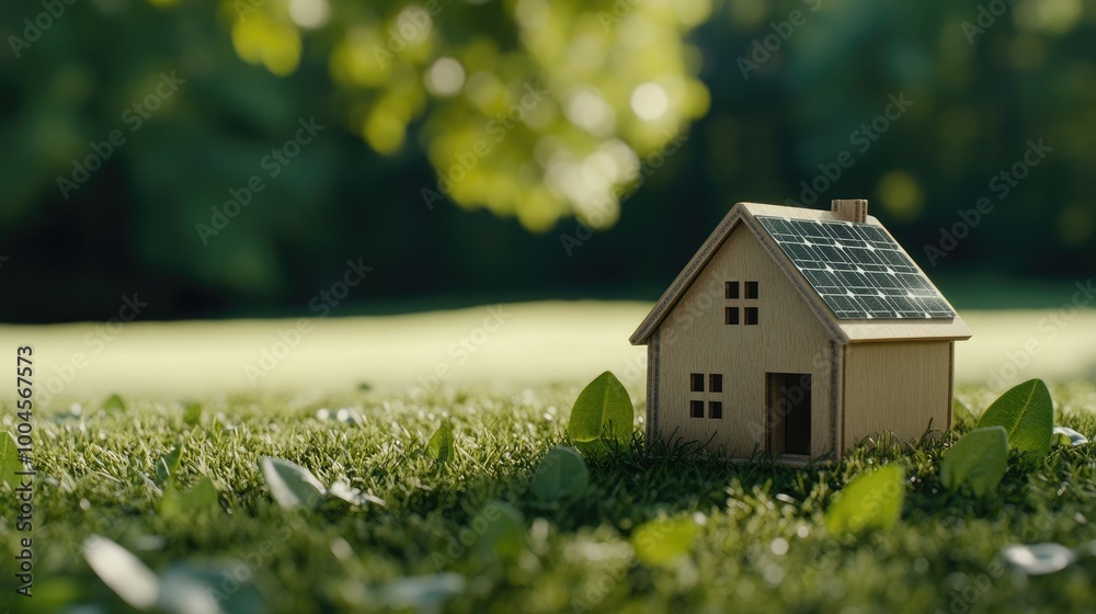 This wooden house model features solar panels on its roof, surrounded ...
