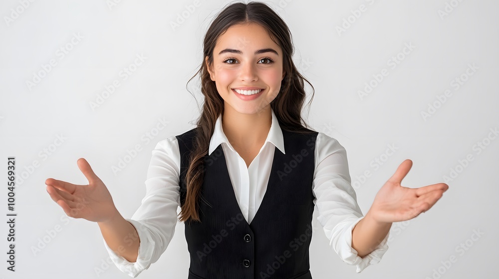 Friendly young woman in formal attire making a welcoming gesture with ...