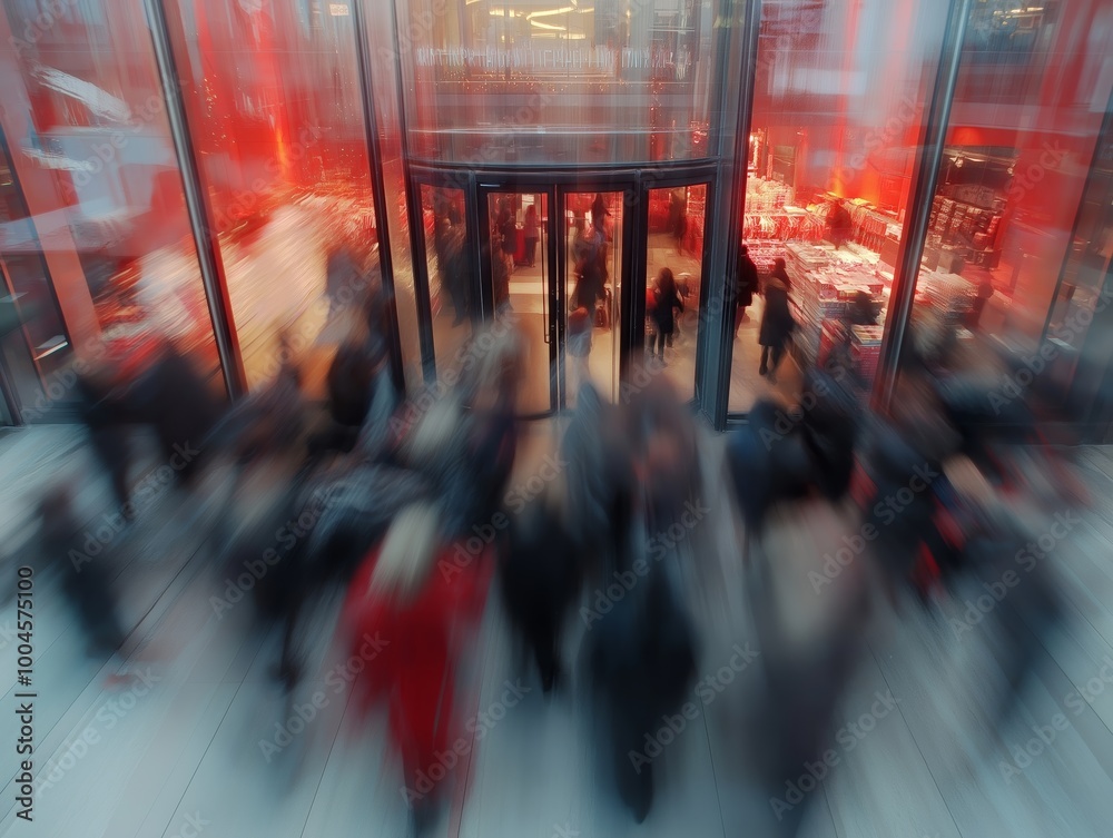 Crowds of shoppers rushing through the doors of a department store ...