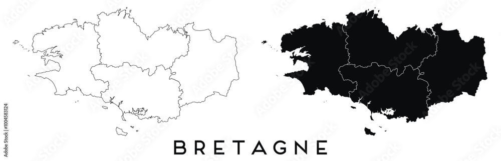 Poster Bretagne map of regions districts vector black on white and ...