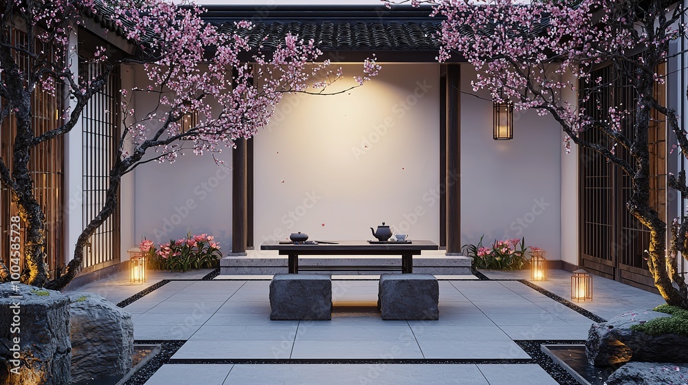 Chinese table in the center of the yard. a stone seating area surrounds ...