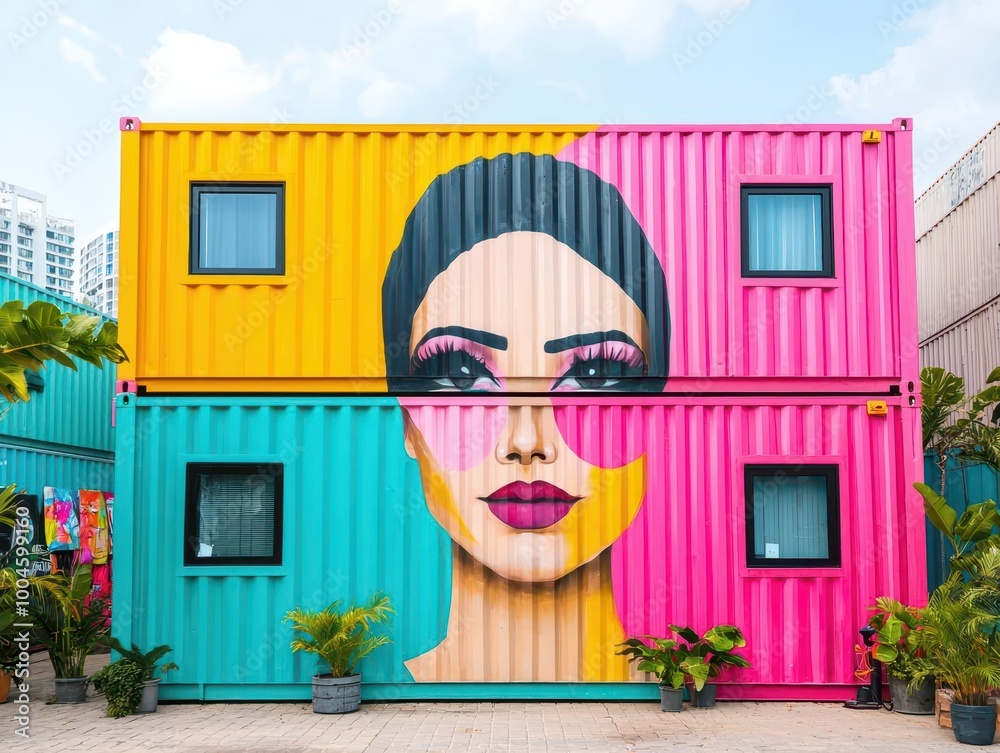 Container shop with street art on containers, metal accents, and an ...