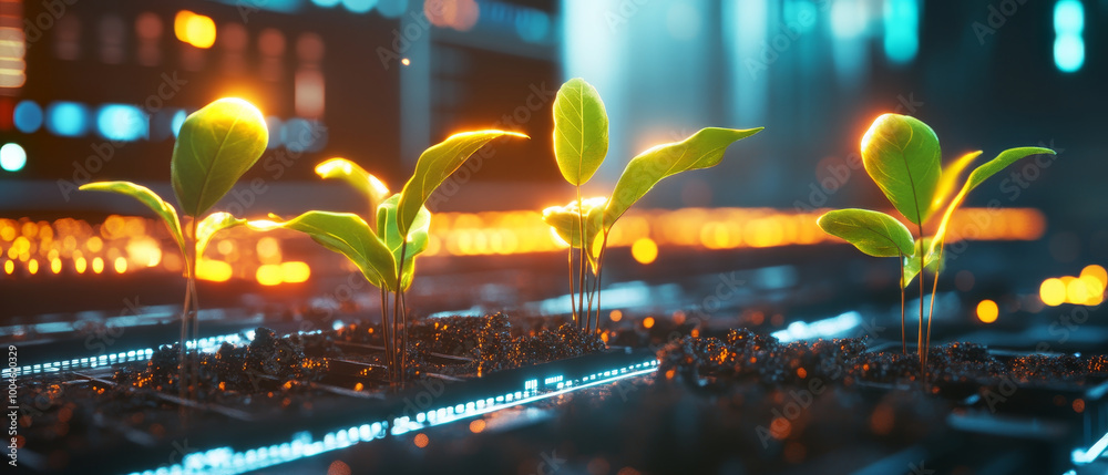 Digital business landscape showcasing glowing plants thriving in high ...