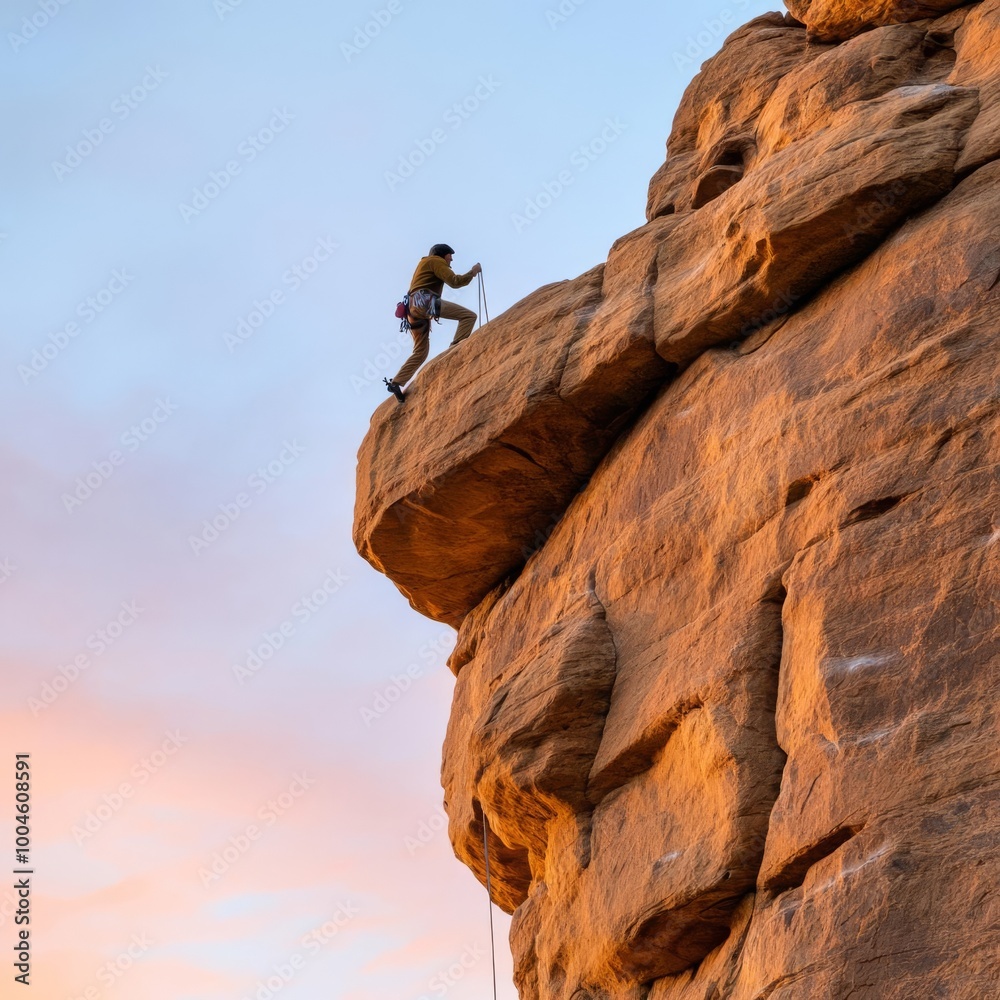Cliff climber scaling an overhanging ledge, sunset glow, pushing ...