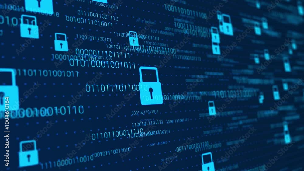 Cybersecurity 3d animation with flowing locks, binary code and data ...