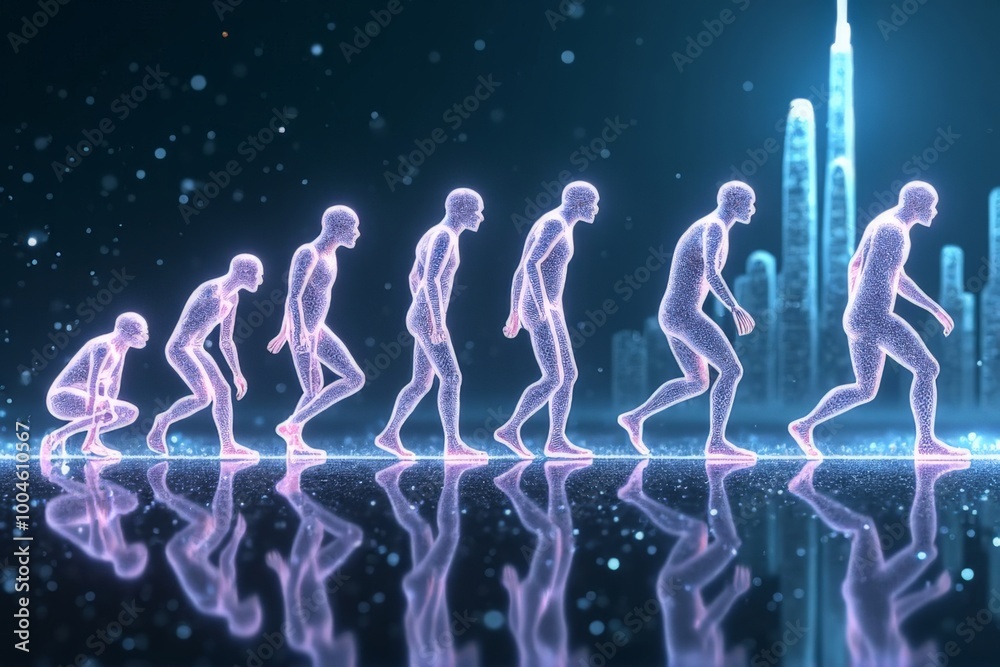 Evolutionary progression of human figures in a futuristic cityscape ...