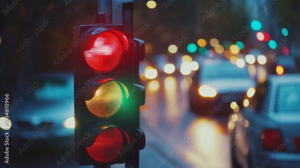 A close-up shot of a traffic light changing from red to green, with ...