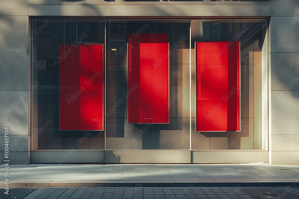 Three bold red objects are displayed in a storefront window, casting ...