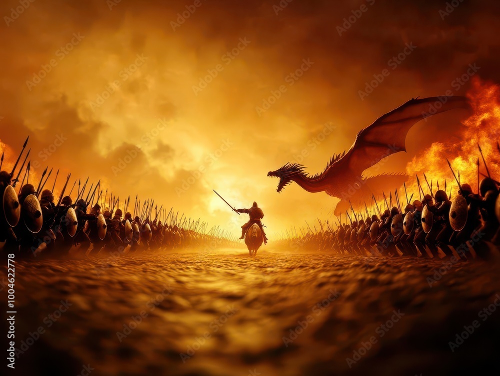Knight riding into battle against a dragon, medieval soldiers rallying ...