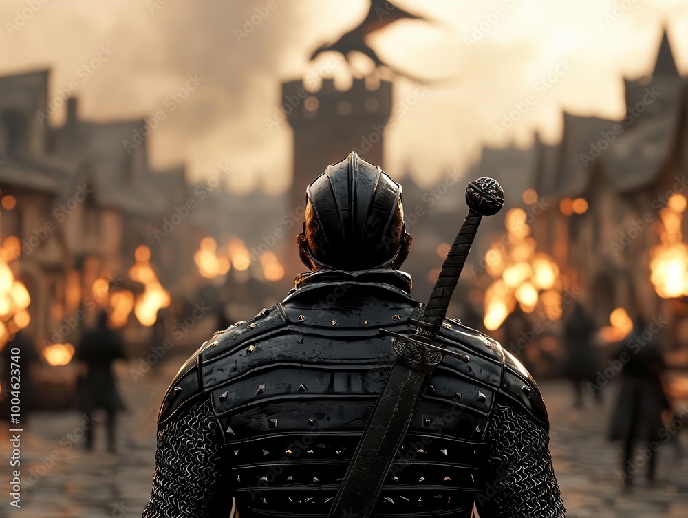 Knight in black armor, standing alone in a medieval village square ...