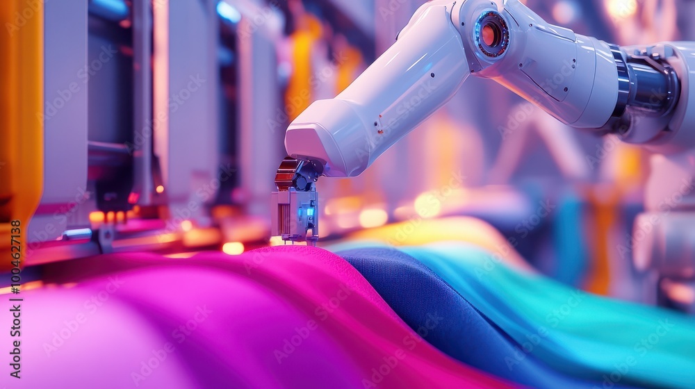 Dynamic scene of a robot using machine vision to identify and sort colored fabrics in a textile ...