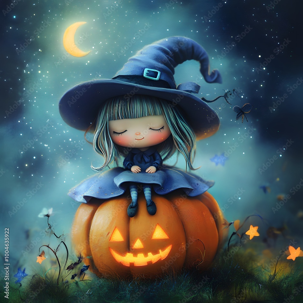 A tiny witch sitting on a pumpkin, her floppy hat covering her eyes ...