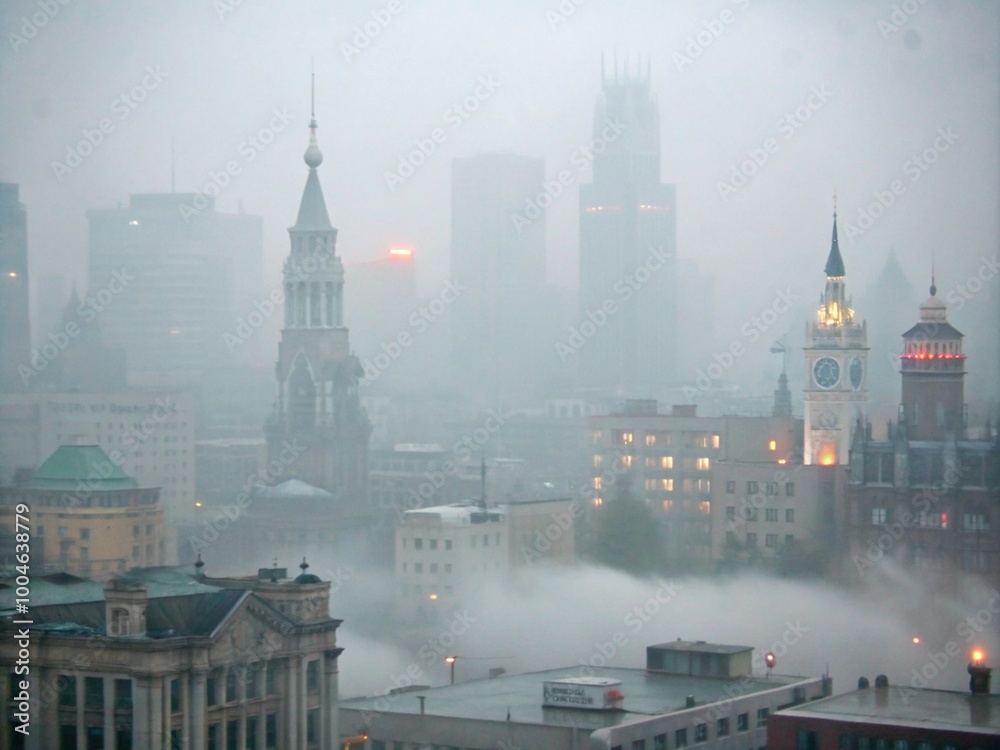 Foggy Cityscapes with Skyscrapers and Urban Mist Cityscapes shrouded in ...