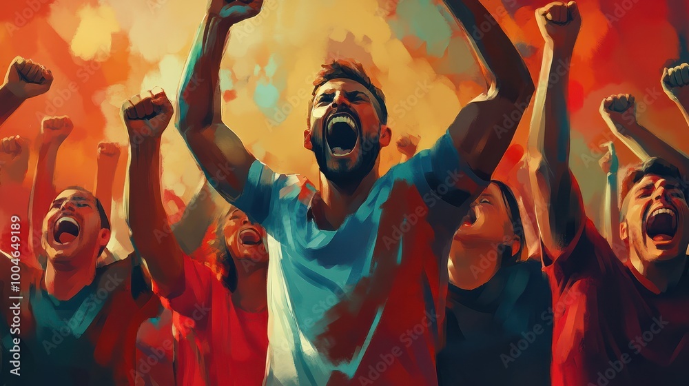 Excited sports fan celebrating the victory of his team standing up and ...