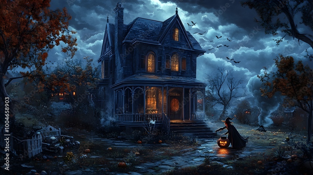 Haunted Halloween house with a spooky porch a bubbling cauldron and a ...