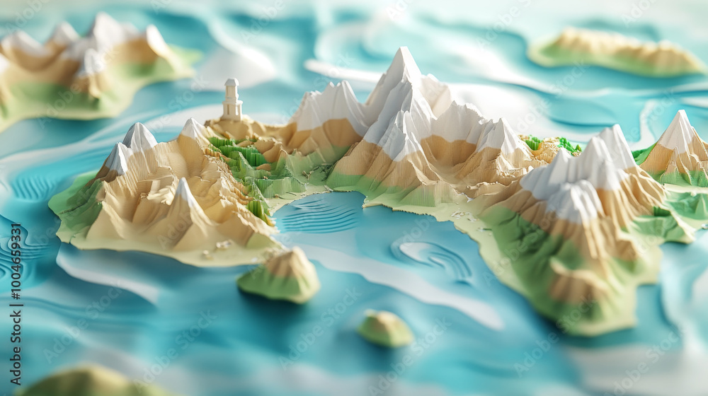 A 3D illustration of a map featuring various terrains and landscapes ...