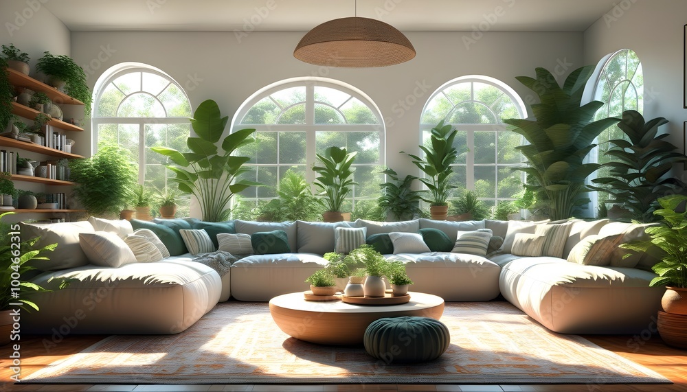 Eco-friendly living room featuring energy-efficient lighting, recycled ...