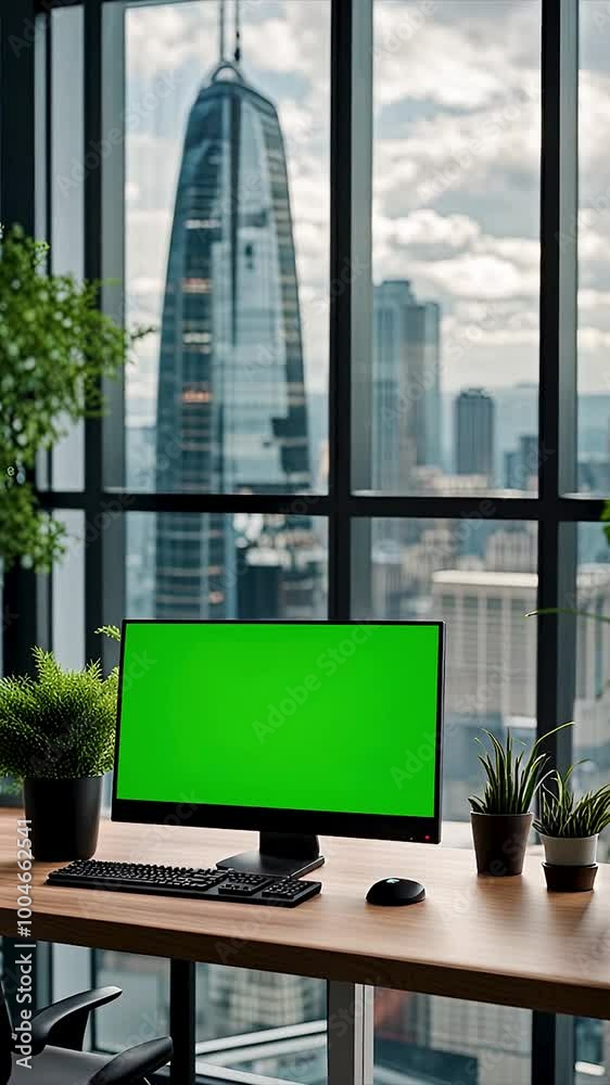 Workspace with computer in an office with cityscape behind the big ...